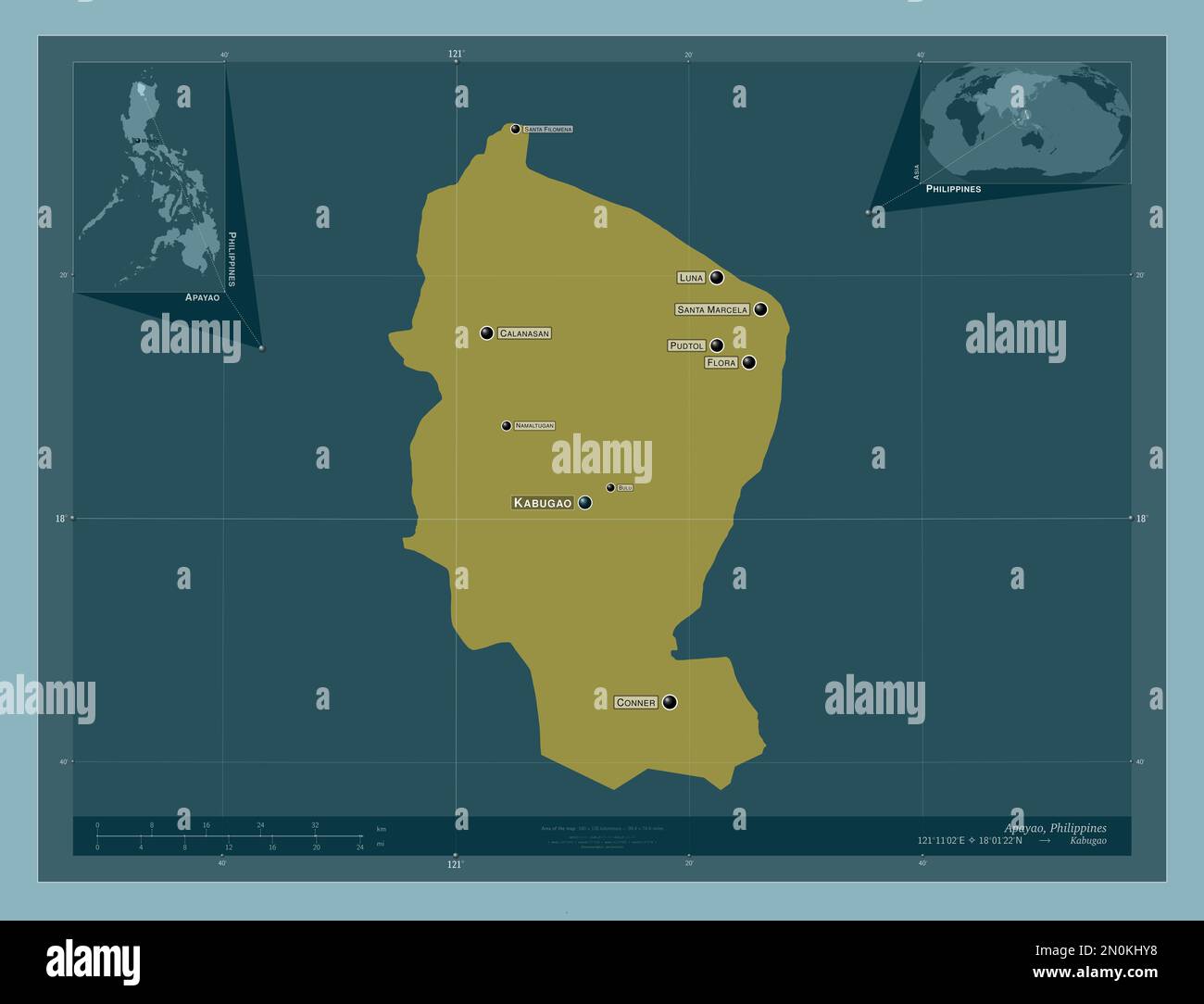 Apayao, province of Philippines. Solid color shape. Locations and names ...
