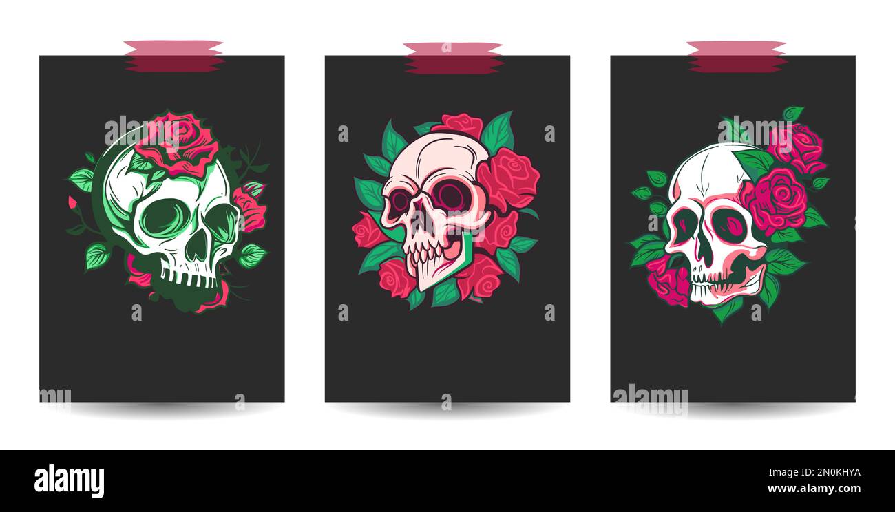 Skull and rose flower card poster set. Dead vector symbol, retro ...