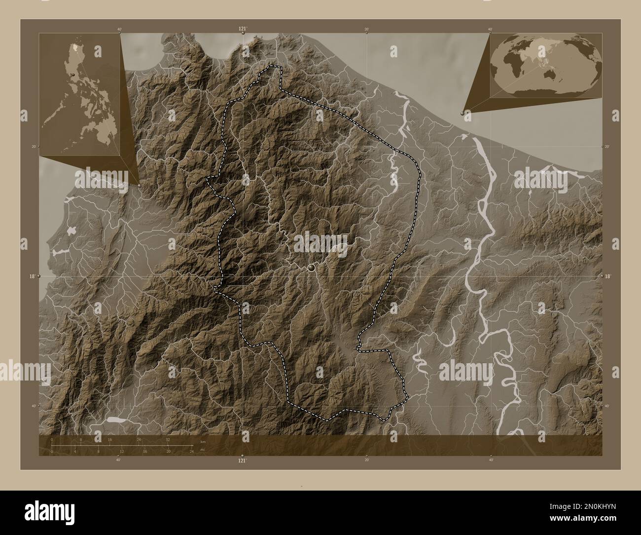 Apayao, province of Philippines. Elevation map colored in sepia tones ...