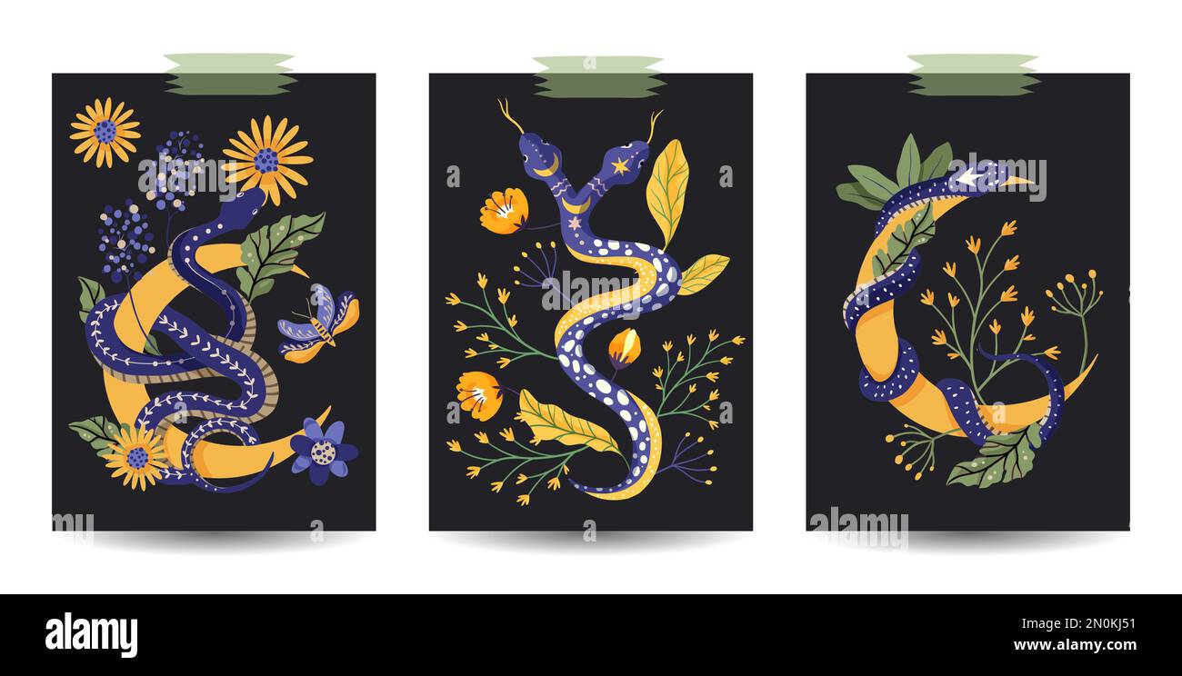 Wild snake nature card poster print set. Mystery floral flower reptile ...