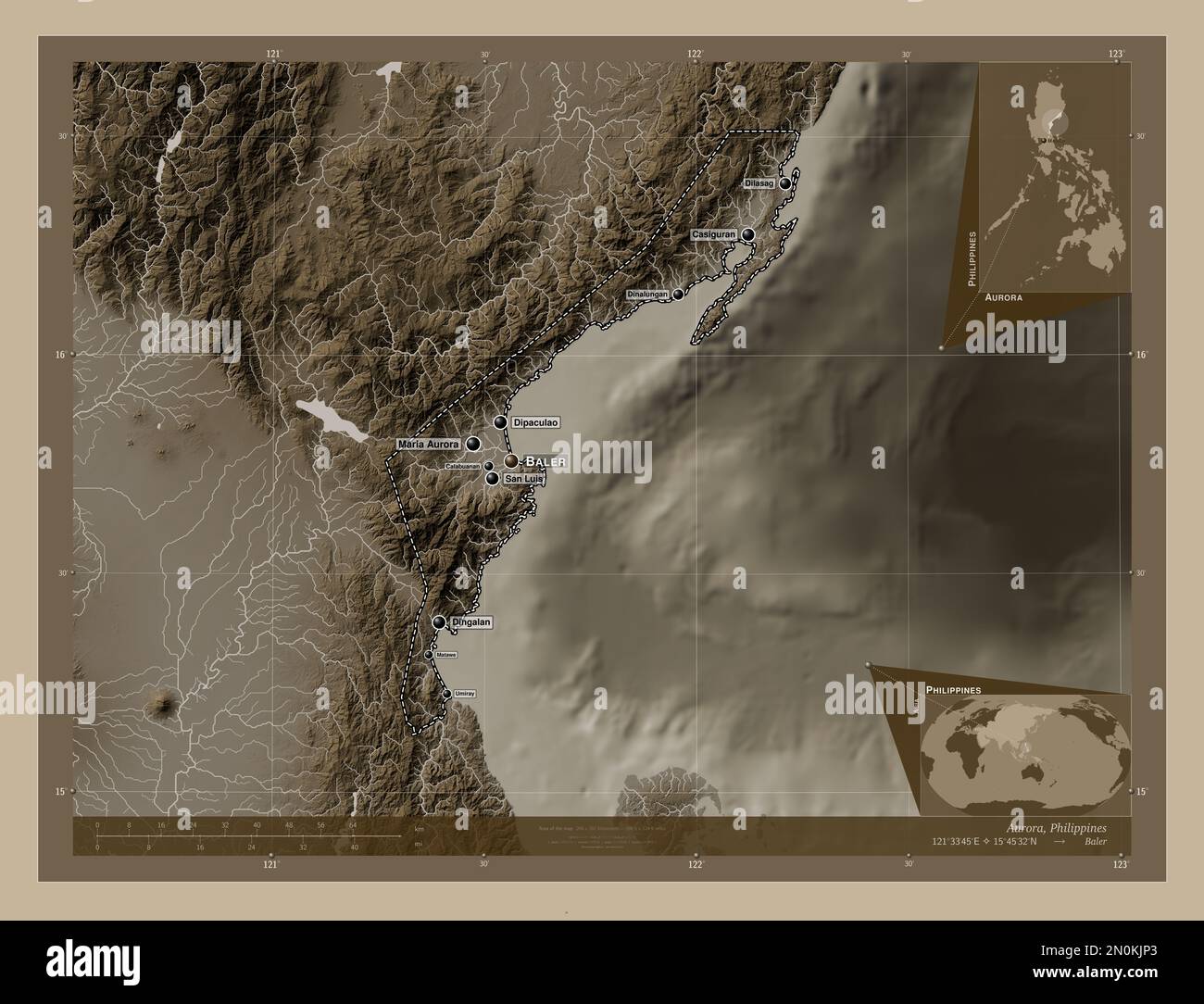 Aurora, province of Philippines. Elevation map colored in sepia tones ...