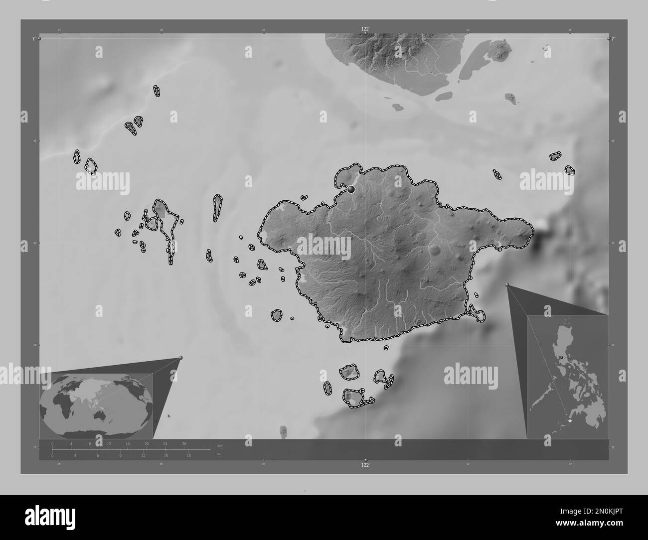 Basilan, province of Philippines. Grayscale elevation map with lakes ...