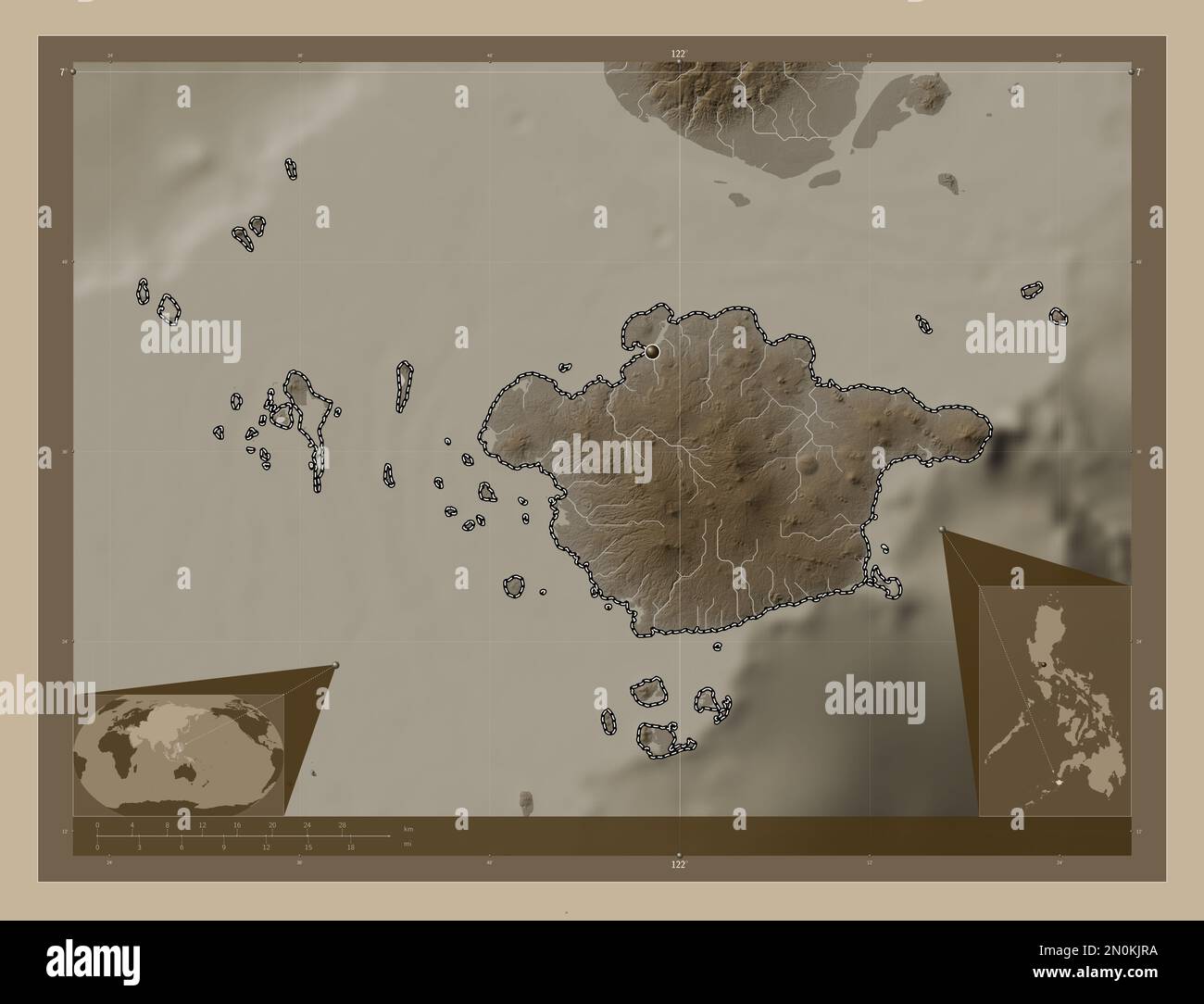Basilan, province of Philippines. Elevation map colored in sepia tones ...