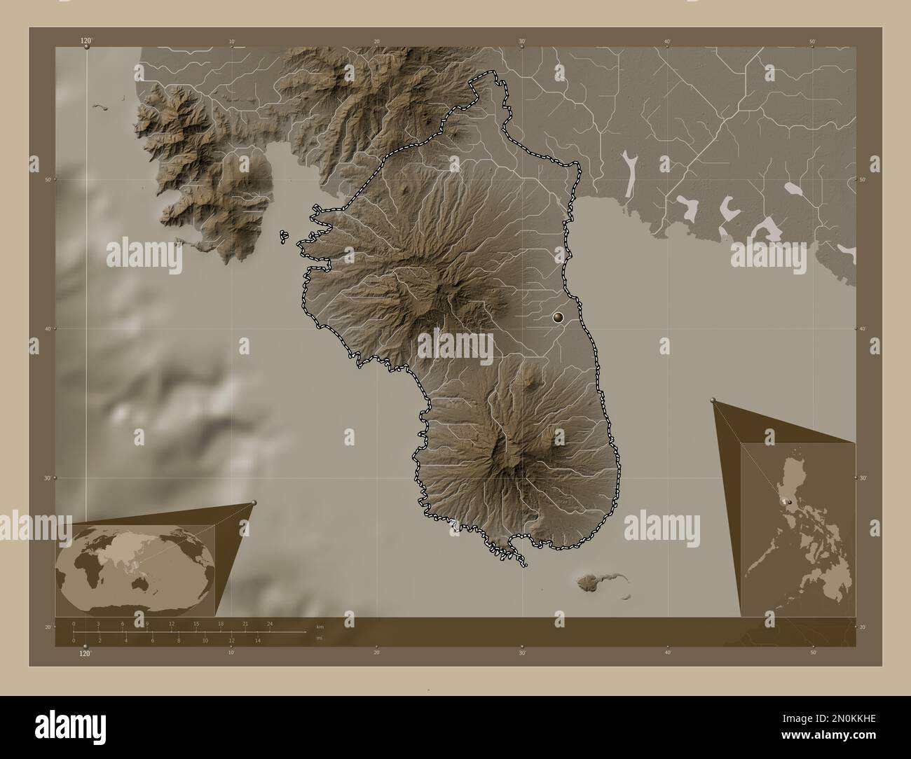 Bataan, province of Philippines. Elevation map colored in sepia tones ...
