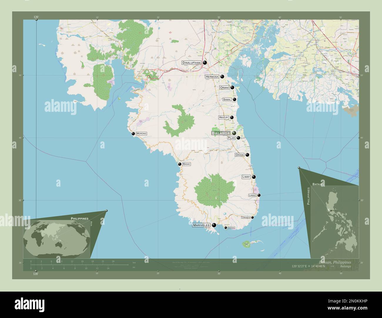 Bataan, province of Philippines. Open Street Map. Locations and names of major cities of the ...