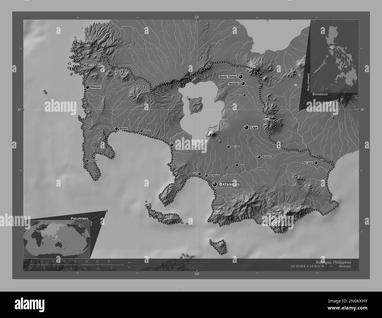 Batangas, province of Philippines. Bilevel elevation map with lakes and ...