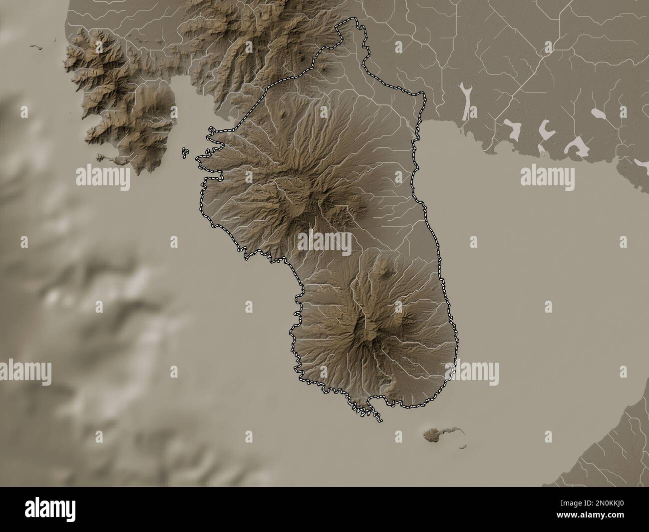 Bataan, province of Philippines. Elevation map colored in sepia tones ...