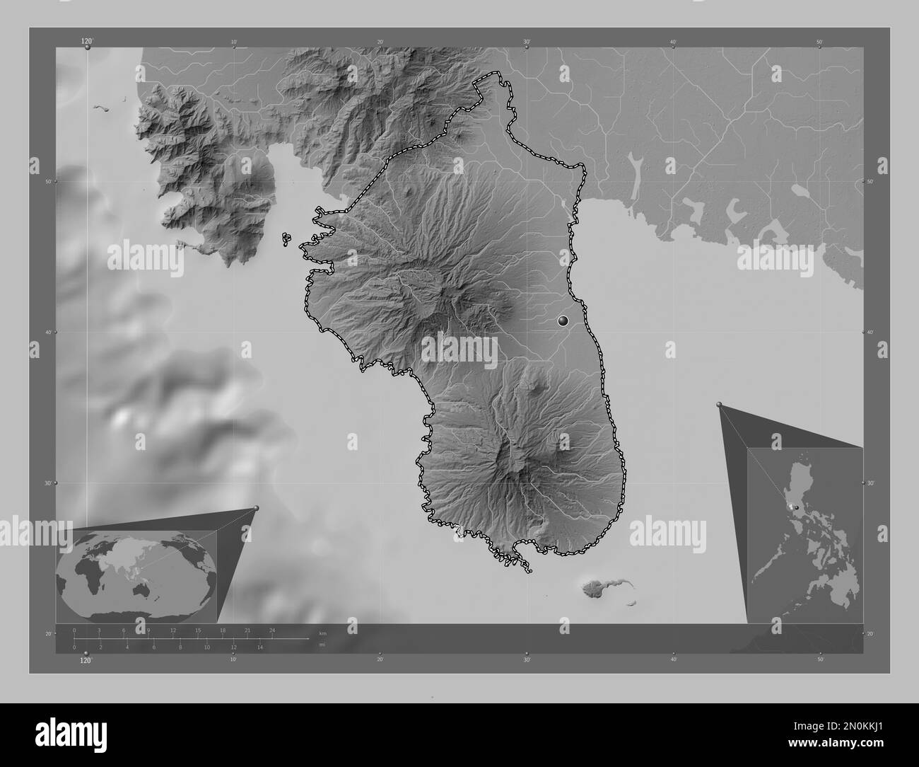 Bataan, province of Philippines. Grayscale elevation map with lakes and ...