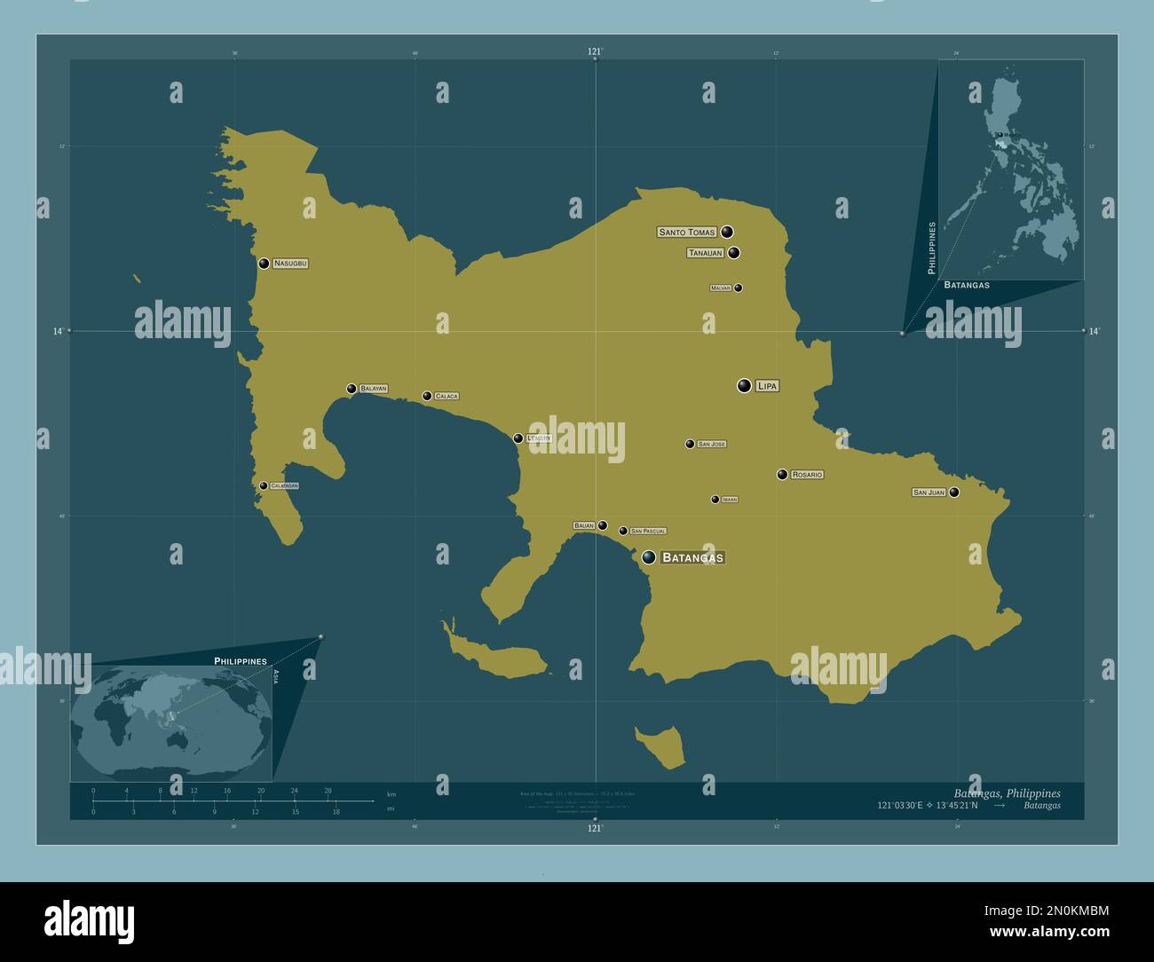 Batangas, province of Philippines. Solid color shape. Locations and ...