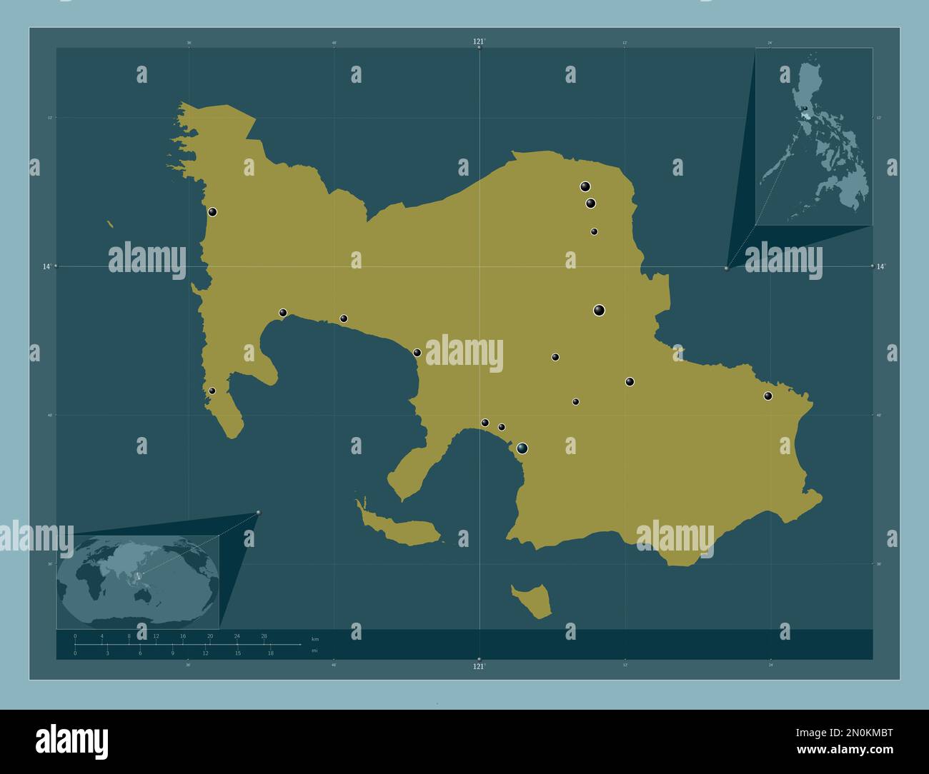 Batangas, province of Philippines. Solid color shape. Locations of ...