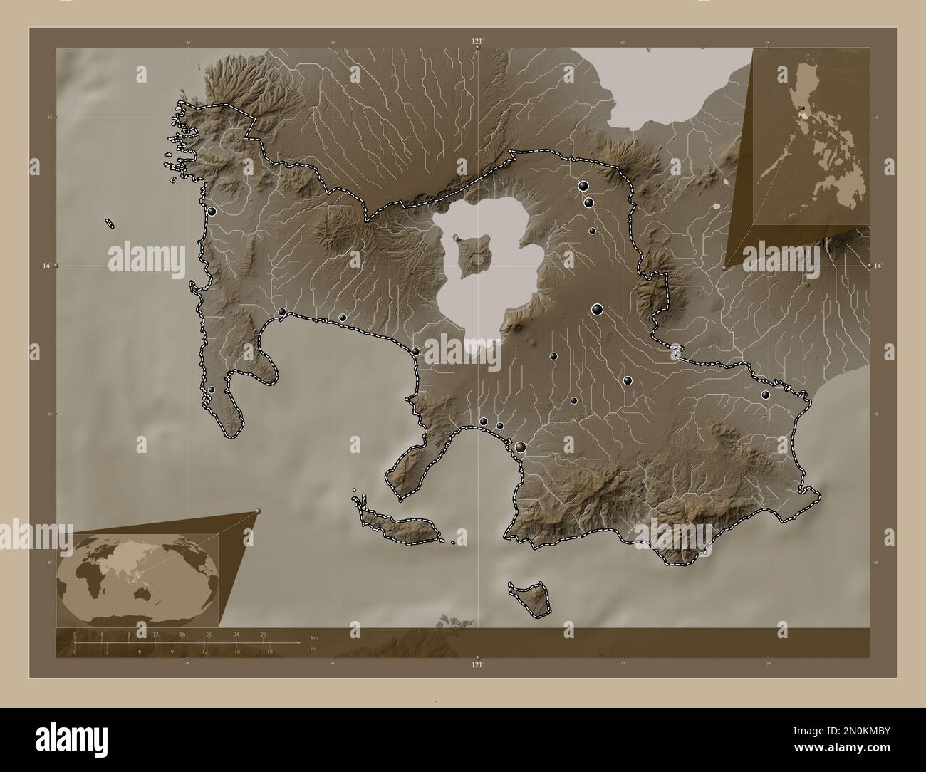 Batangas, province of Philippines. Elevation map colored in sepia tones ...