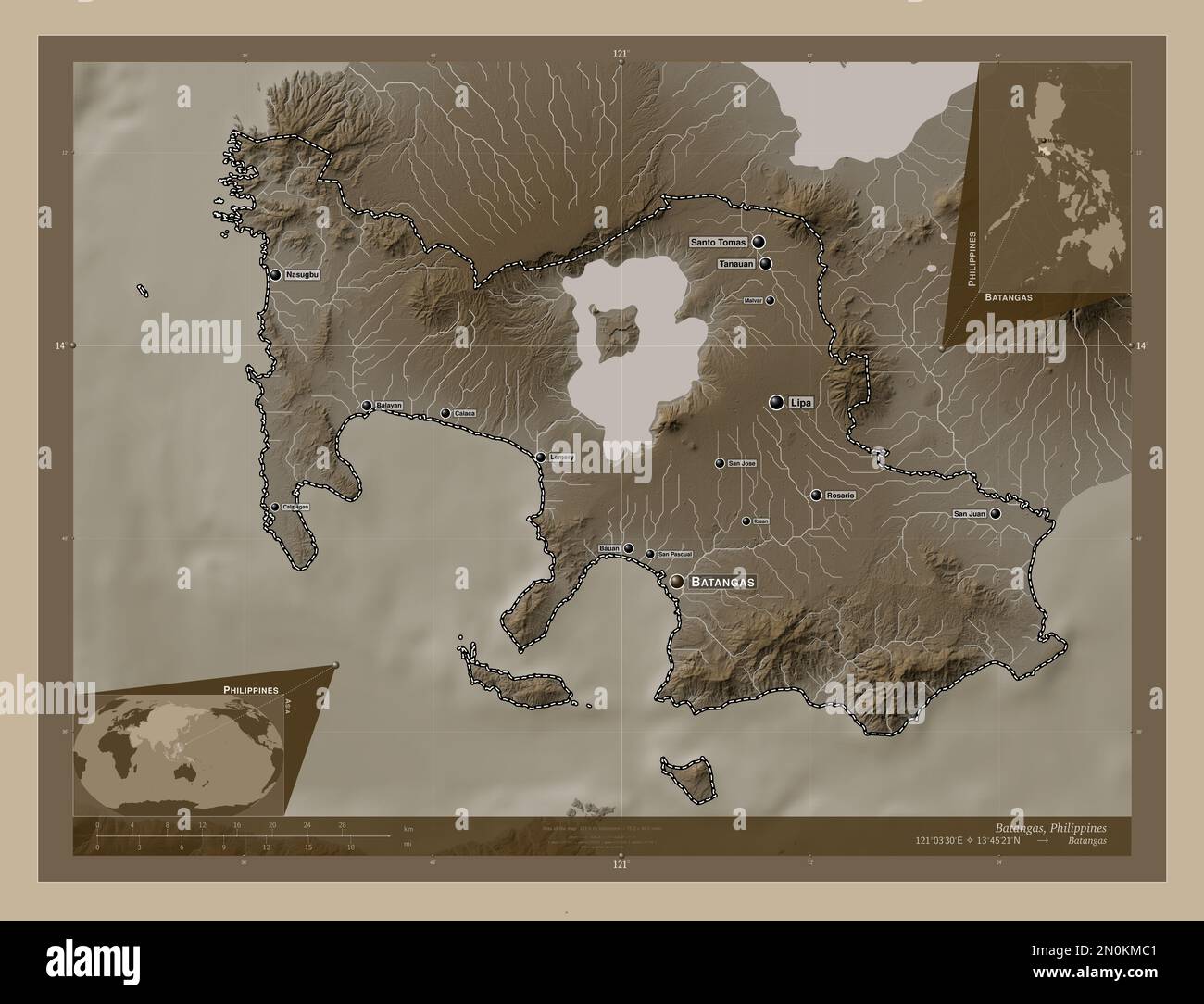 Batangas, province of Philippines. Elevation map colored in sepia tones ...
