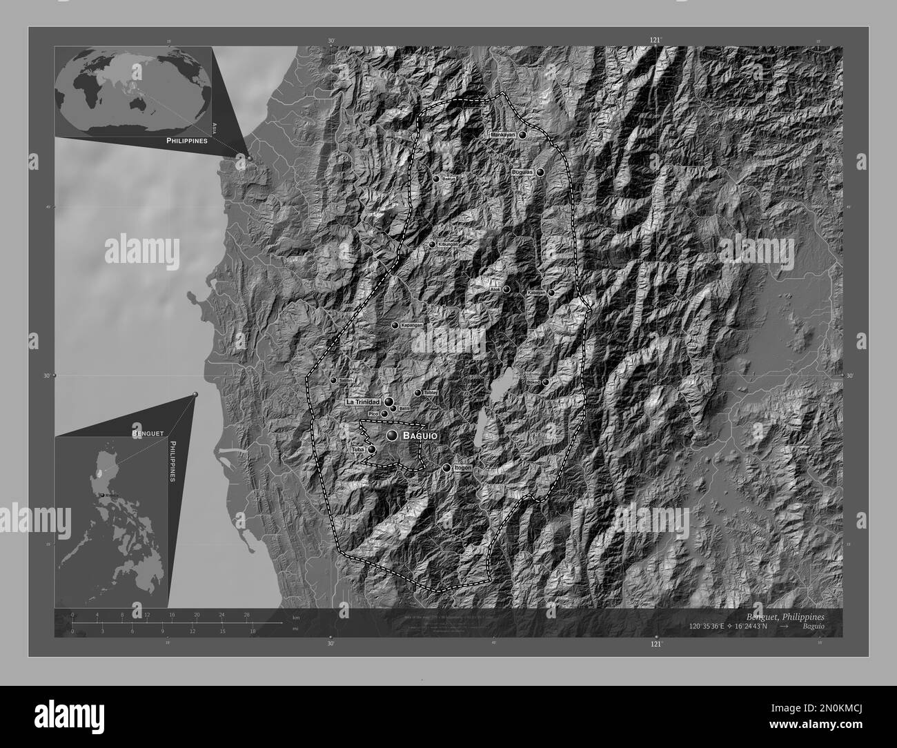 Benguet, province of Philippines. Bilevel elevation map with lakes and ...