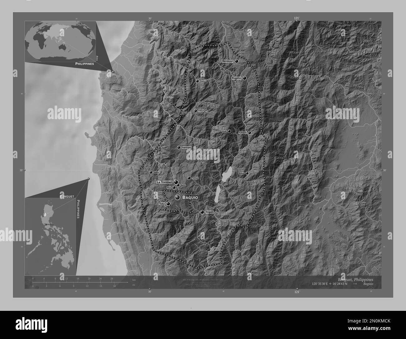 Benguet, province of Philippines. Grayscale elevation map with lakes ...