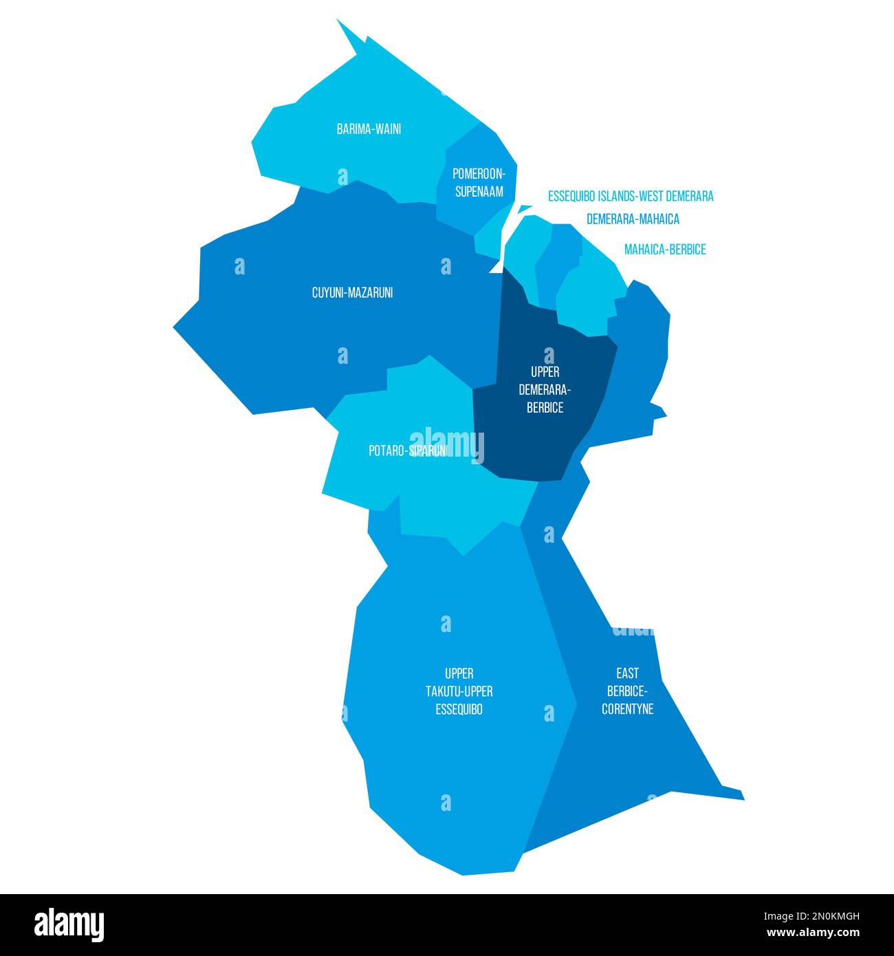 Guyana political map of administrative divisions - regions. Flat blue ...