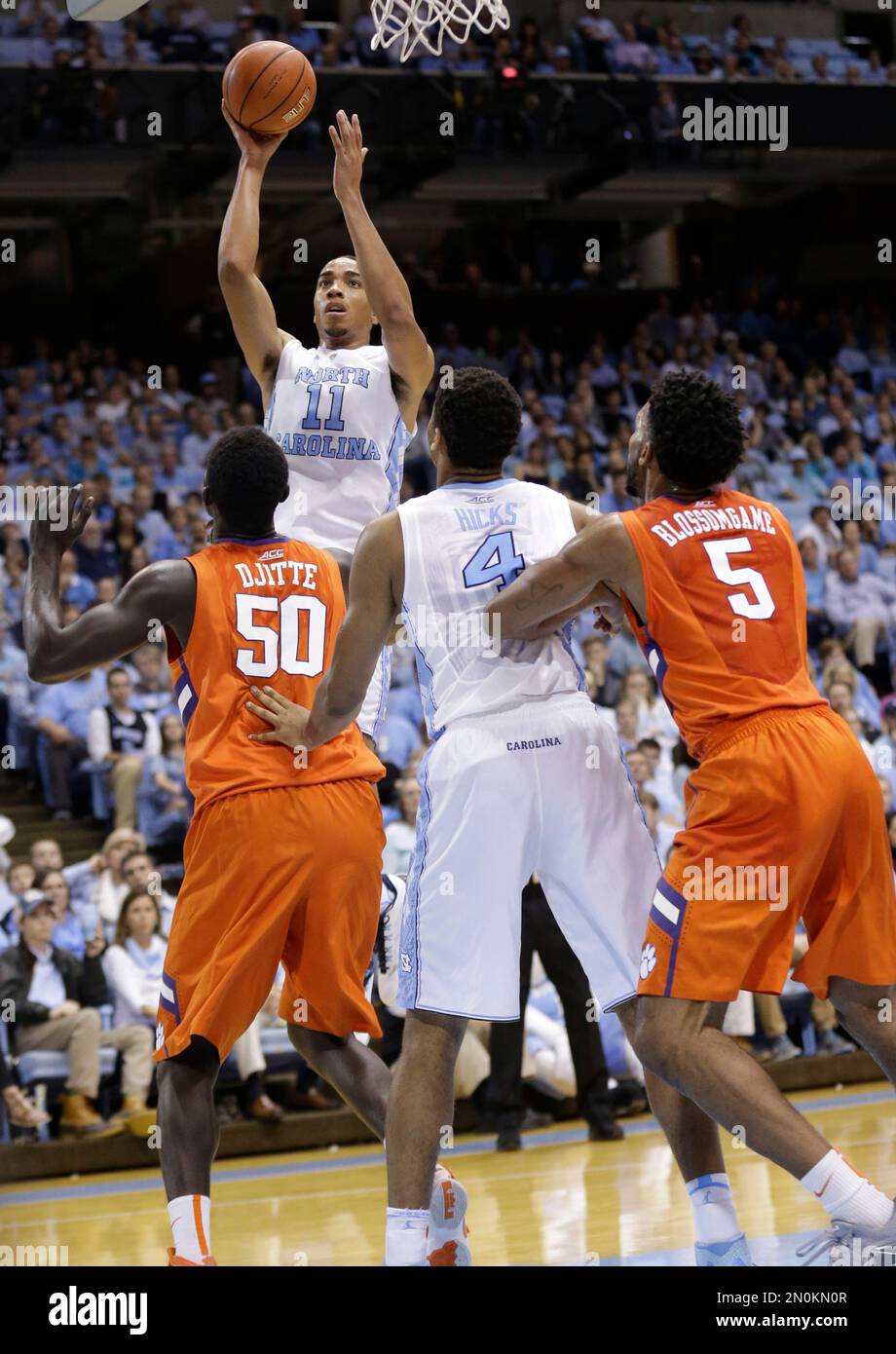 North Carolina's Brice Johnson shoots against Clemson during the first ...