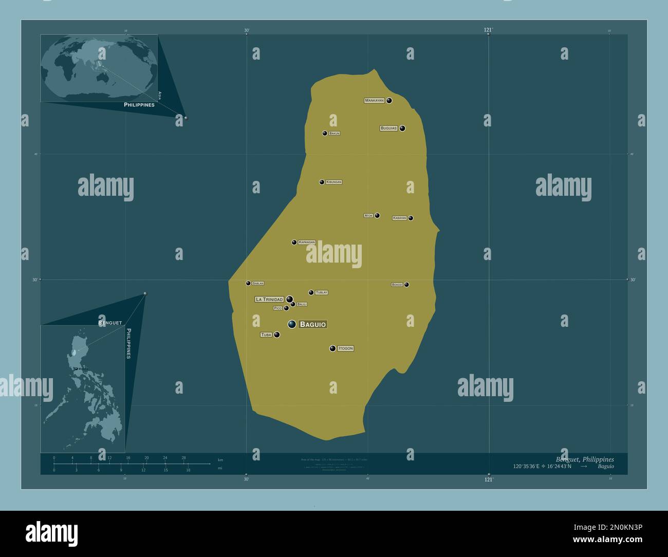 Benguet, province of Philippines. Solid color shape. Locations and ...
