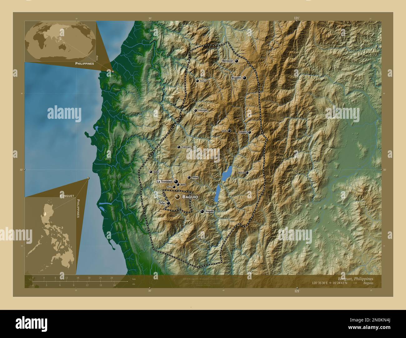 Benguet, province of Philippines. Colored elevation map with lakes and ...