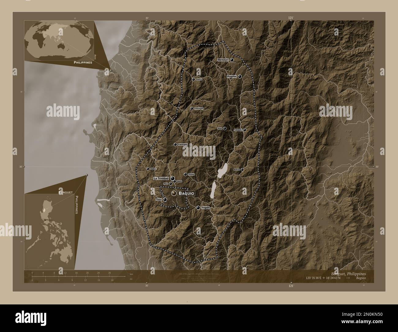 Benguet, province of Philippines. Elevation map colored in sepia tones ...