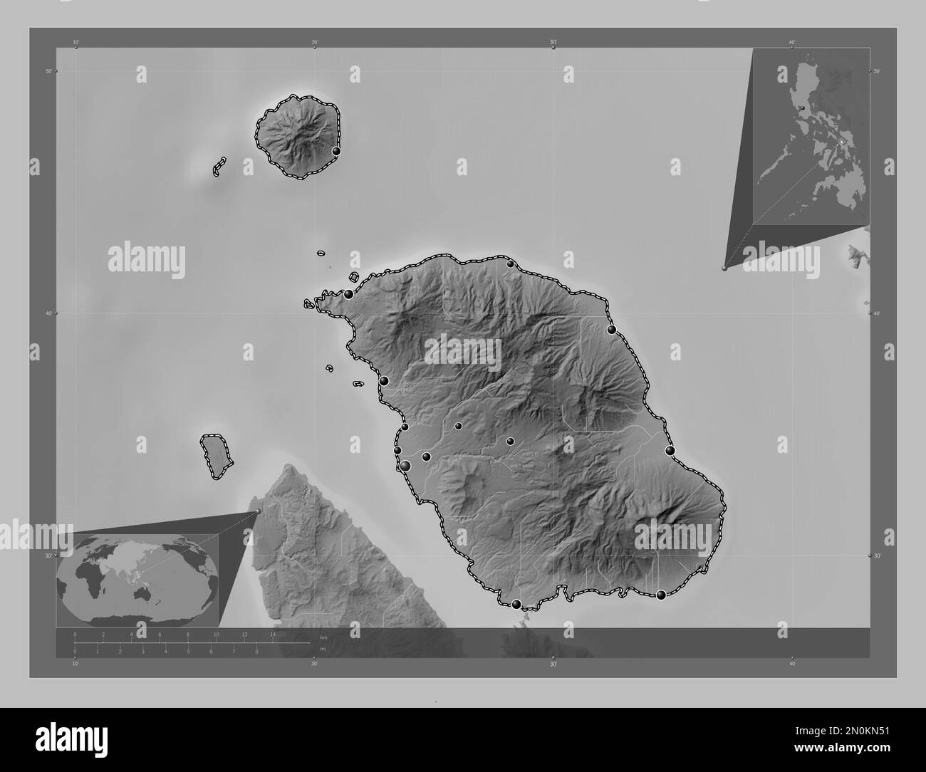 Biliran, province of Philippines. Grayscale elevation map with lakes ...