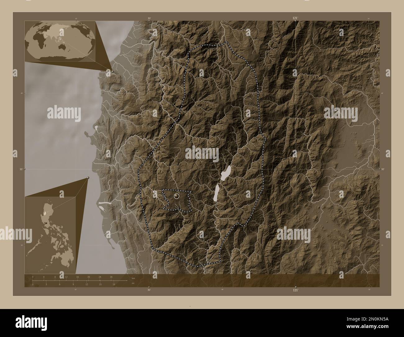 Benguet, province of Philippines. Elevation map colored in sepia tones ...