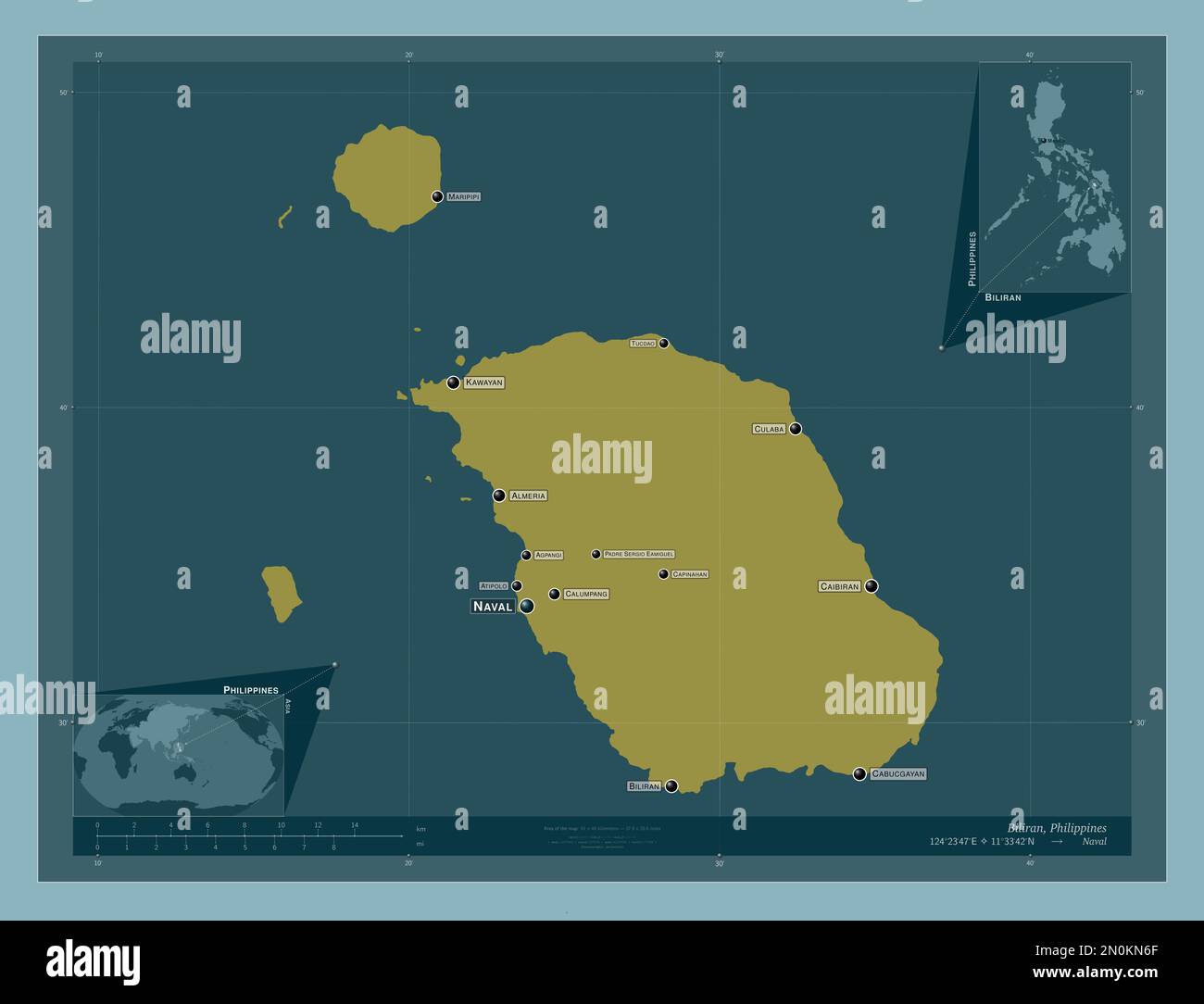 Biliran, province of Philippines. Solid color shape. Locations and ...