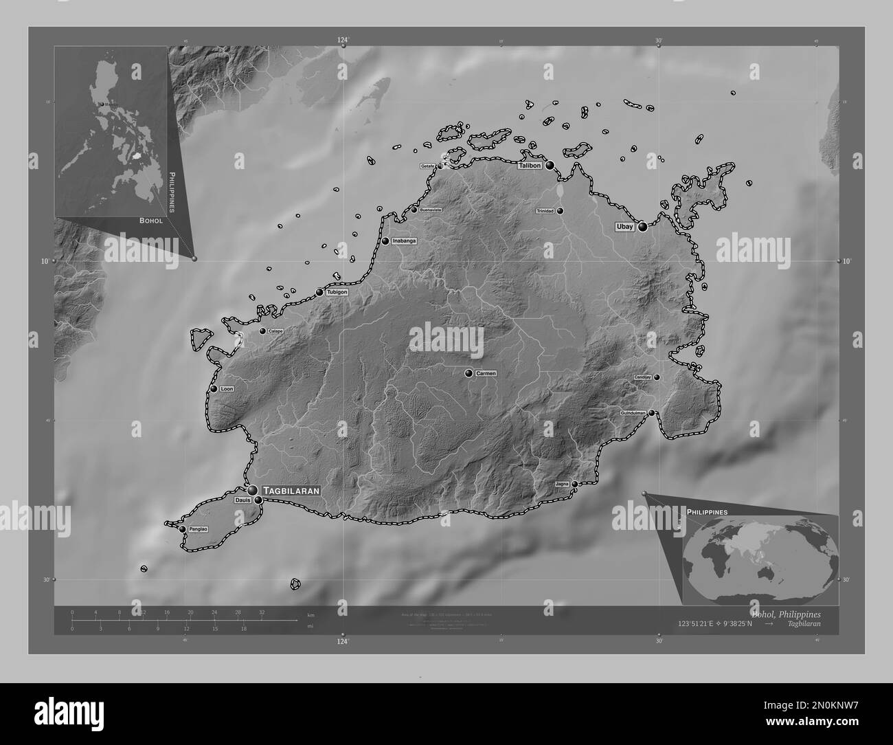 Bohol, province of Philippines. Grayscale elevation map with lakes and ...