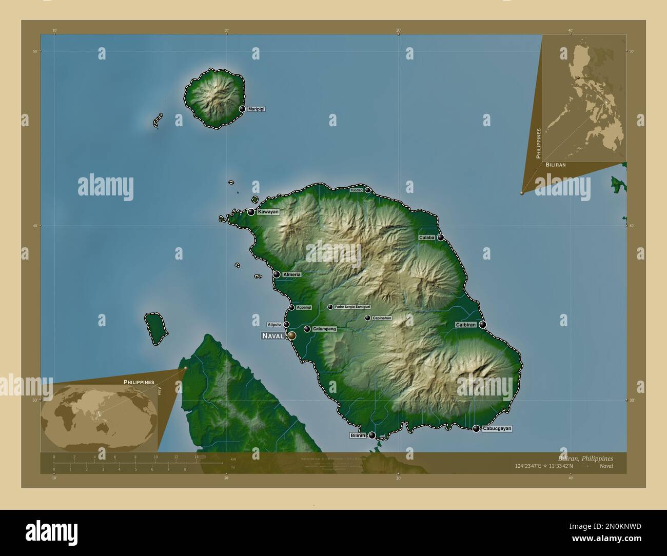 Biliran, province of Philippines. Colored elevation map with lakes and ...