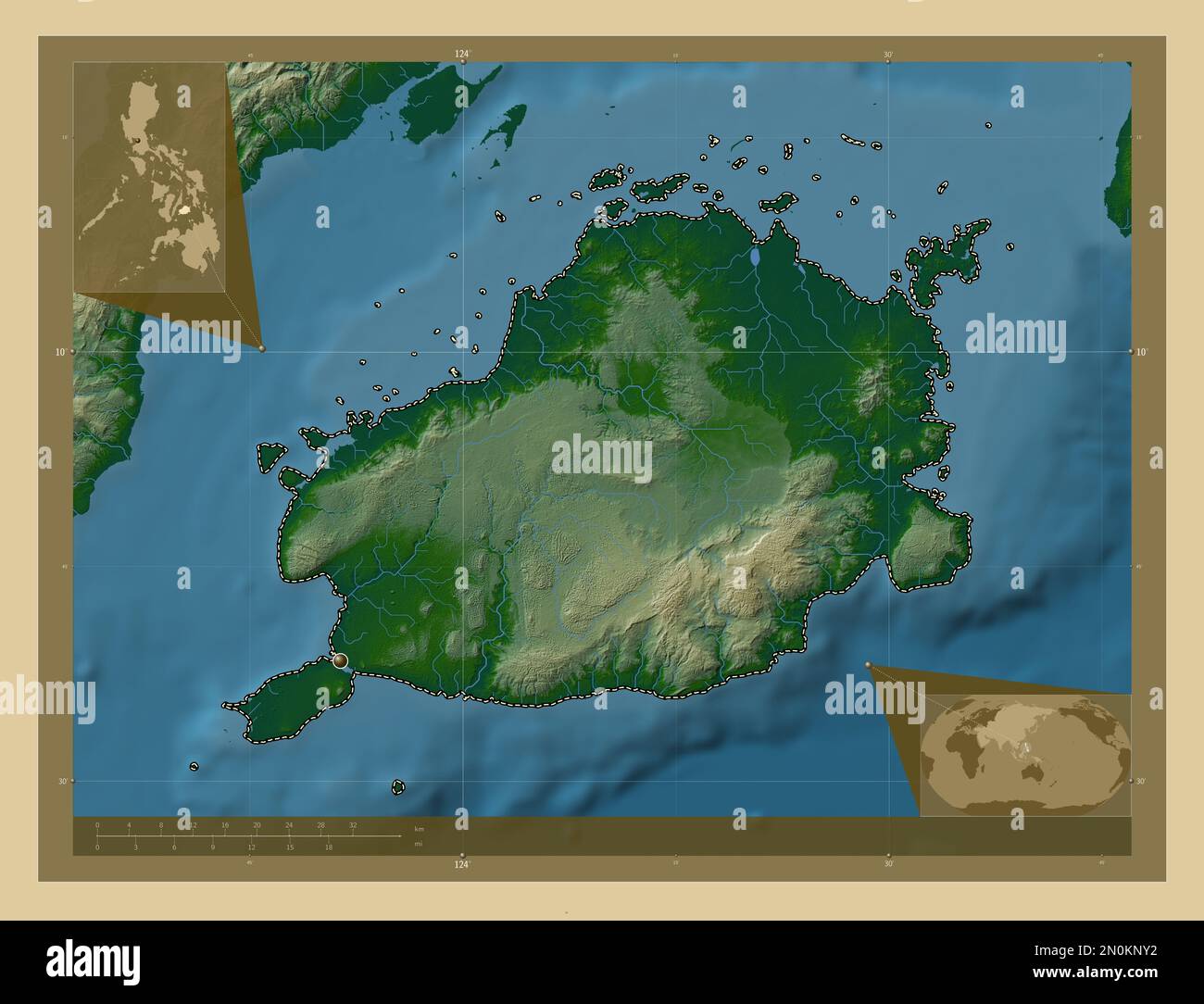 Bohol, province of Philippines. Colored elevation map with lakes and ...