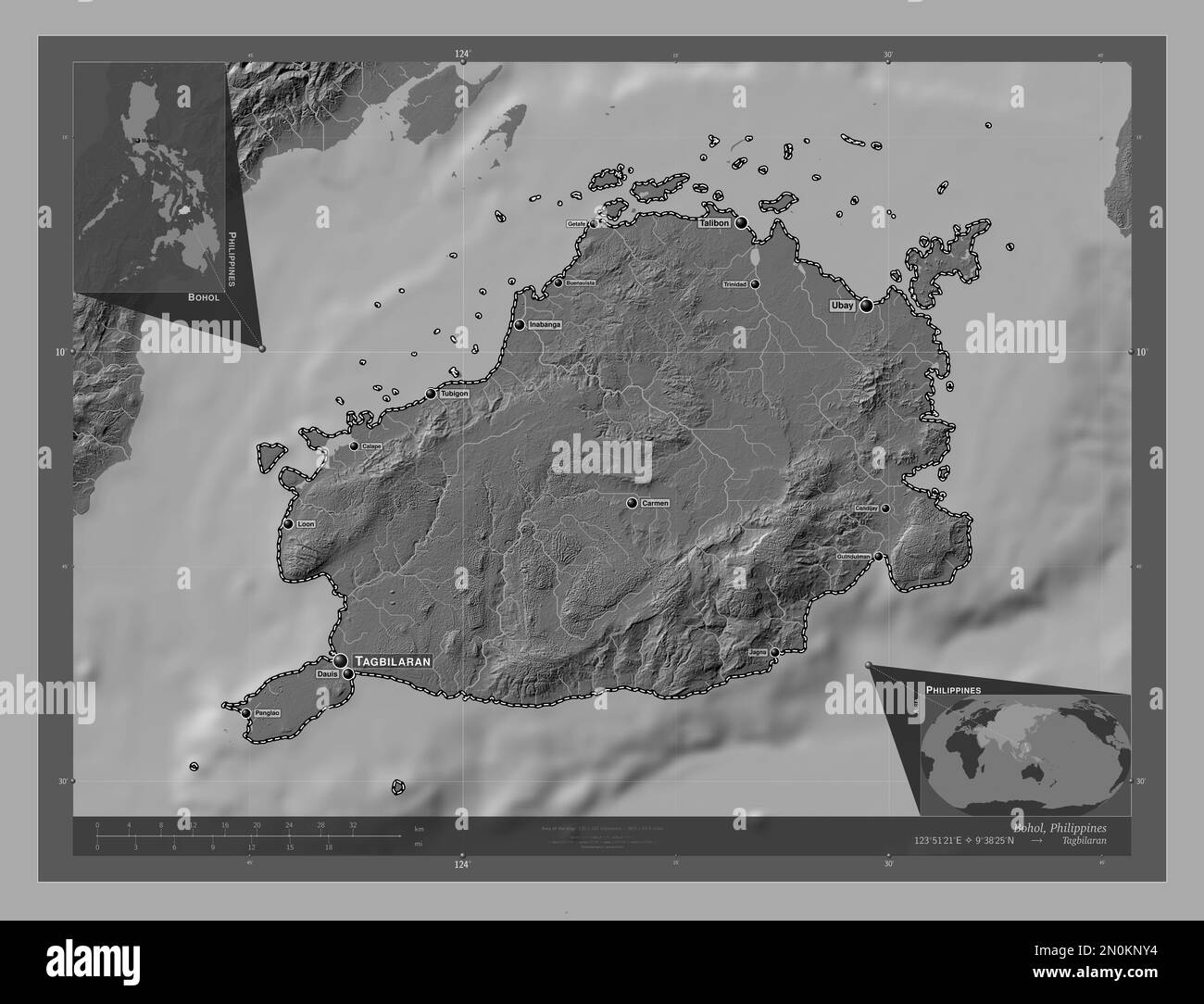 Bohol, province of Philippines. Bilevel elevation map with lakes and ...