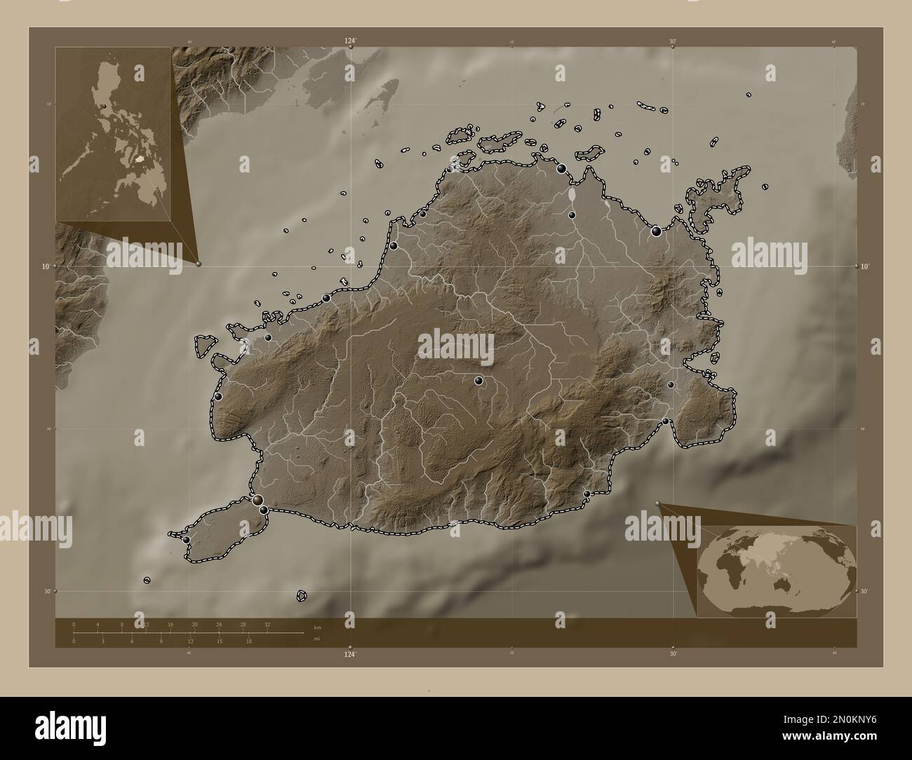 Bohol, province of Philippines. Elevation map colored in sepia tones ...