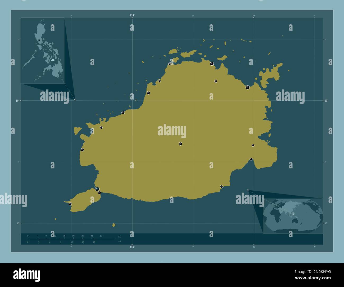 Bohol, province of Philippines. Solid color shape. Locations of major ...