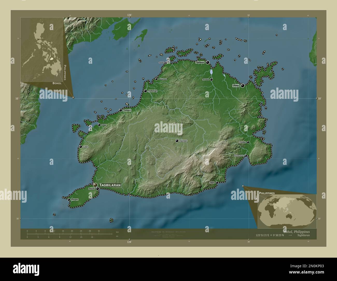 Bohol, province of Philippines. Elevation map colored in wiki style ...