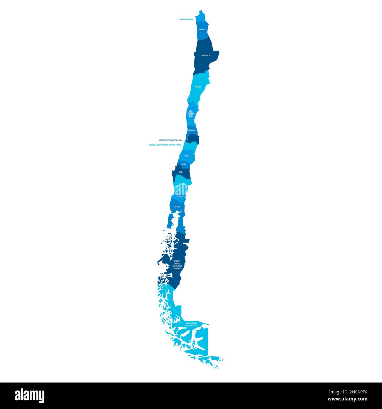 Chile political map of administrative divisions - regions. Flat blue ...