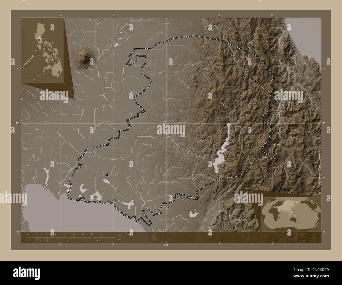 Bulacan, province of Philippines. Elevation map colored in sepia tones ...