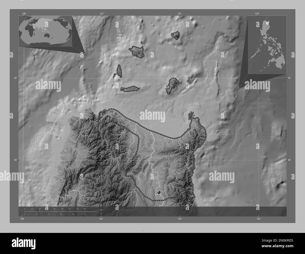 Cagayan, province of Philippines. Grayscale elevation map with lakes ...
