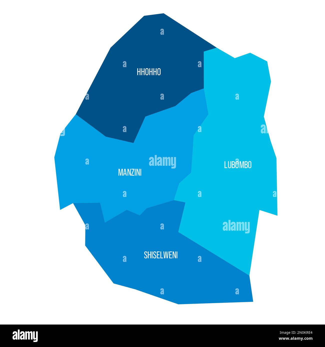 Eswatini political map of administrative divisions - regions. Flat blue ...
