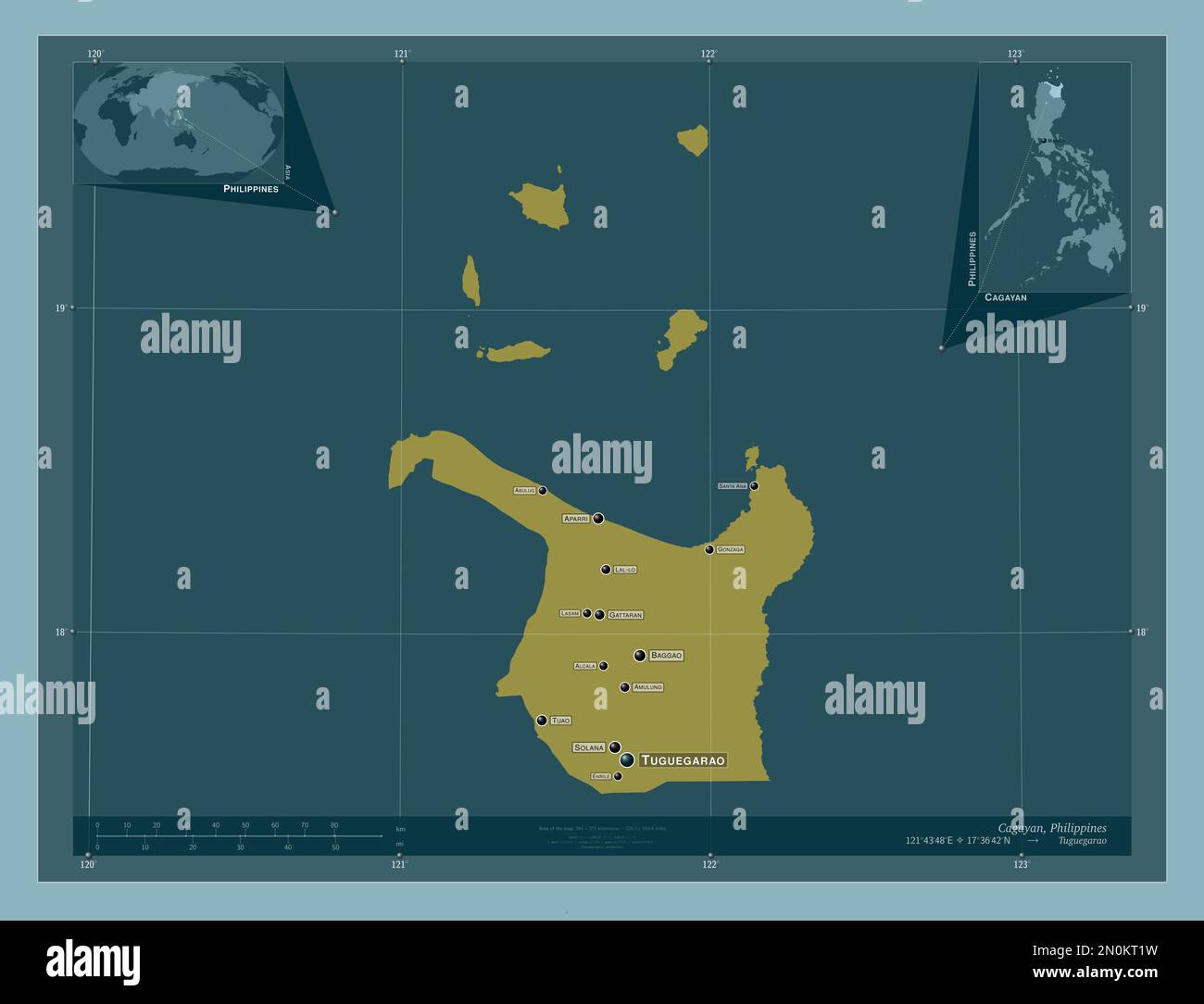Cagayan, province of Philippines. Solid color shape. Locations and ...
