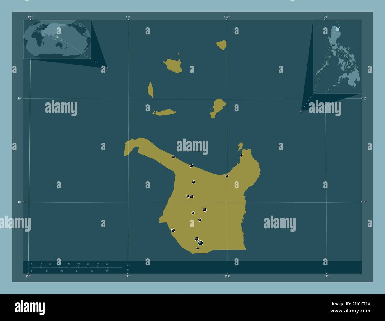 Cagayan, province of Philippines. Solid color shape. Locations of major ...