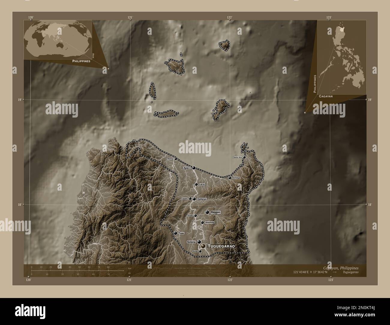 Cagayan, province of Philippines. Elevation map colored in sepia tones ...