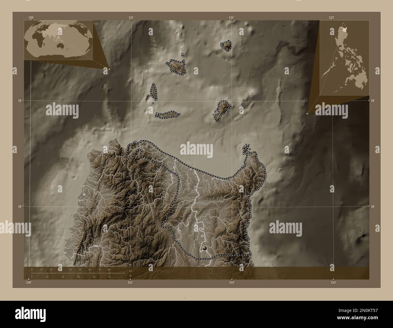 Cagayan, province of Philippines. Elevation map colored in sepia tones ...