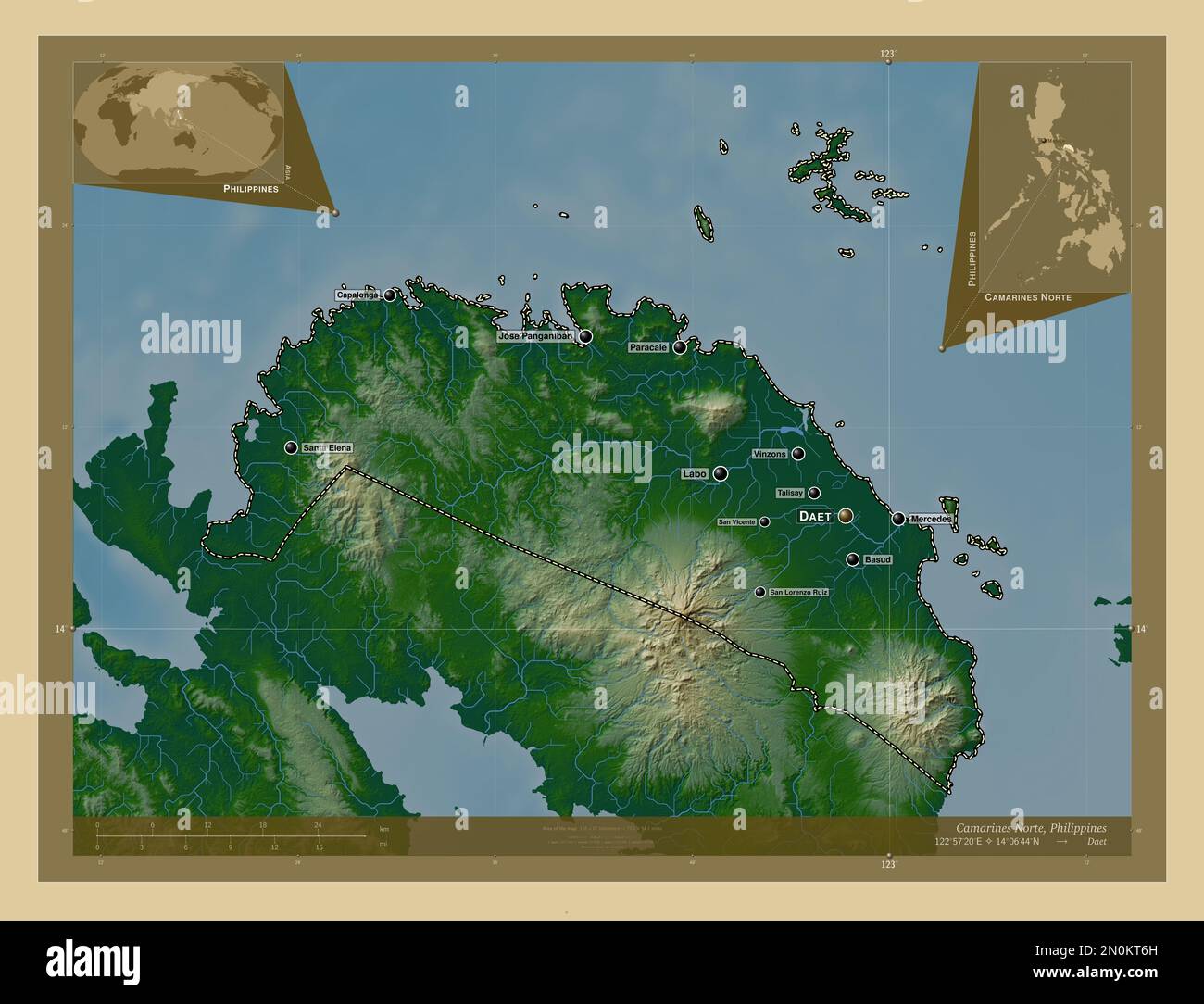 Camarines Norte, province of Philippines. Colored elevation map with ...