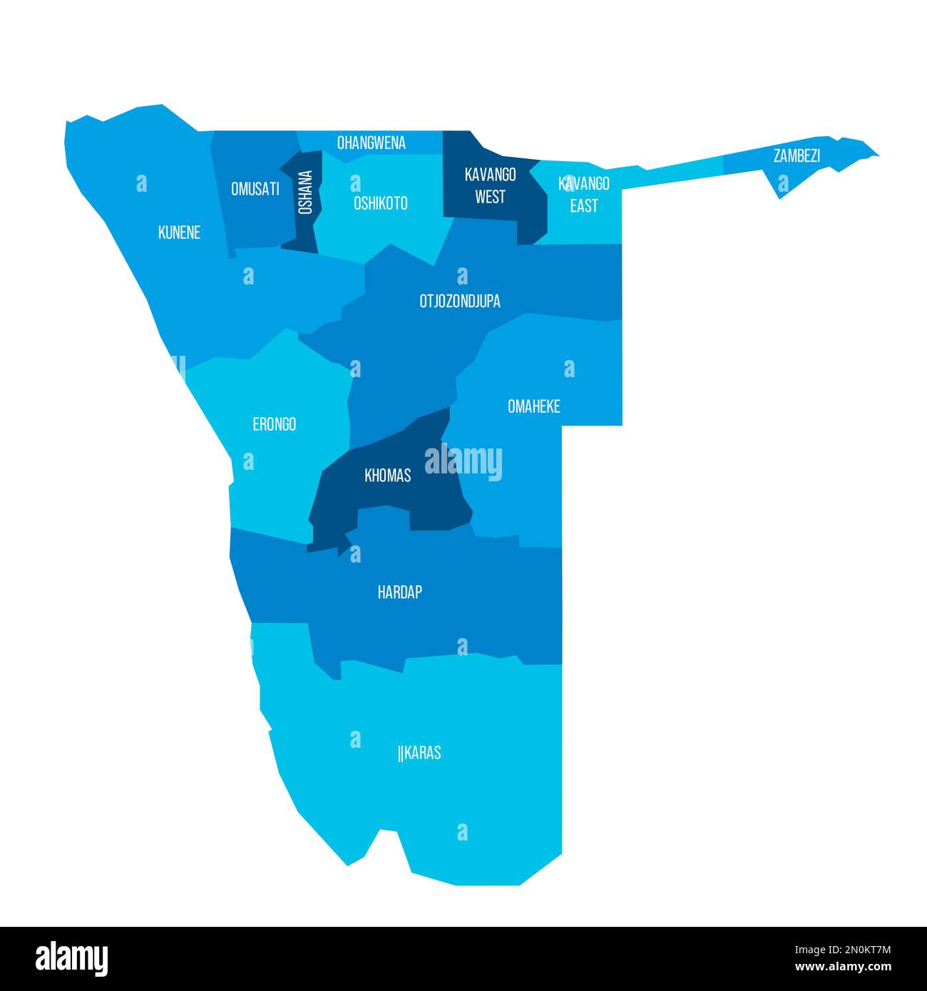 Namibia political map of administrative divisions - regions. Flat blue ...