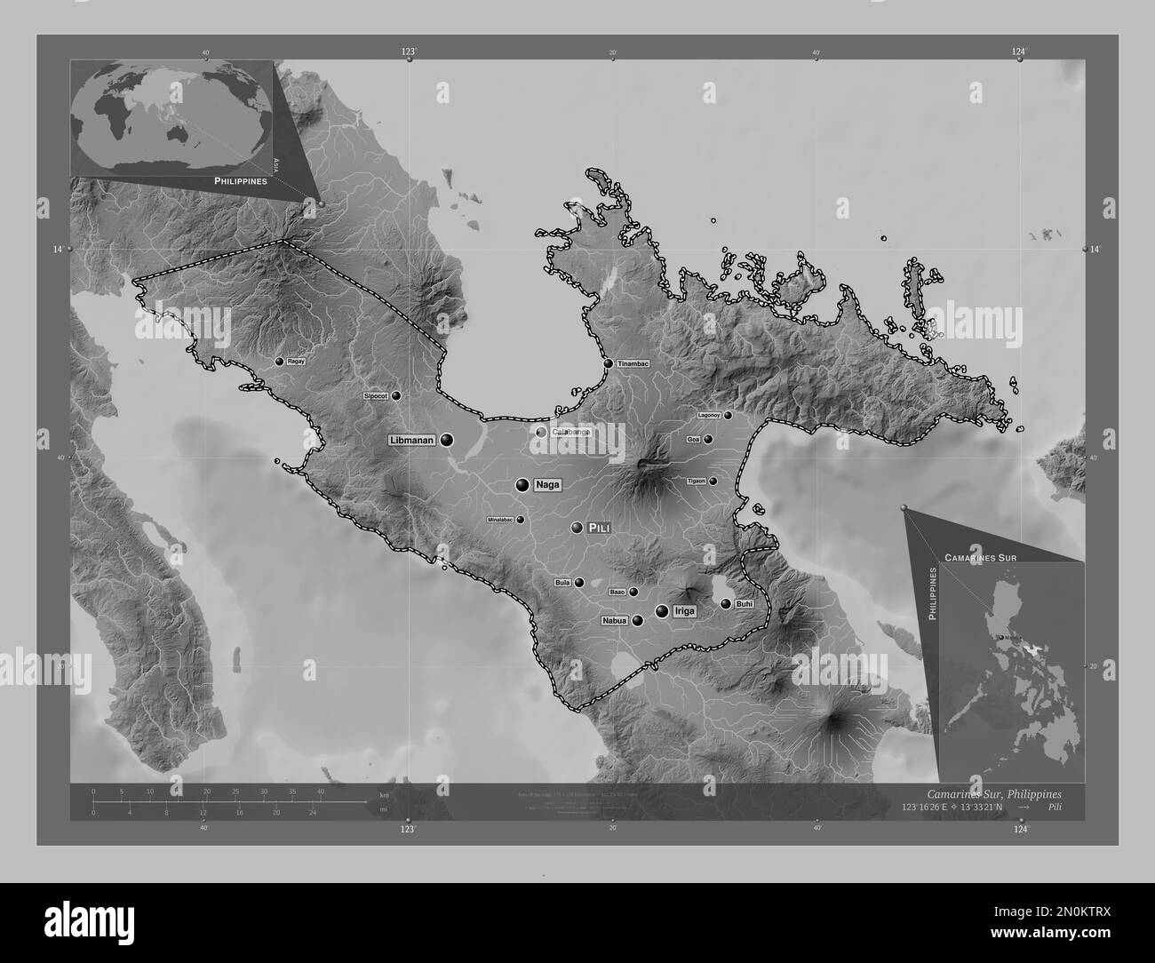 Camarines Sur, province of Philippines. Grayscale elevation map with ...