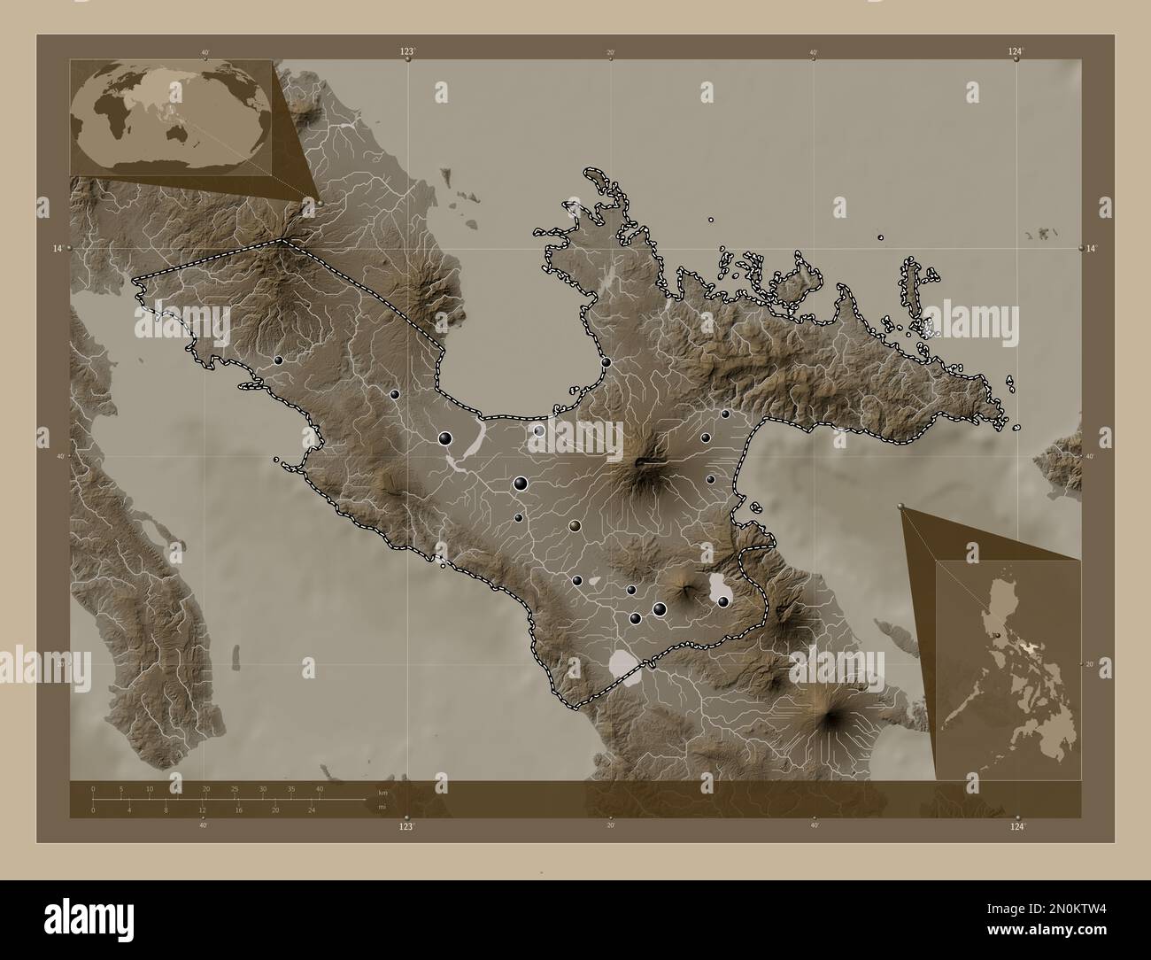 Camarines Sur, province of Philippines. Elevation map colored in sepia ...