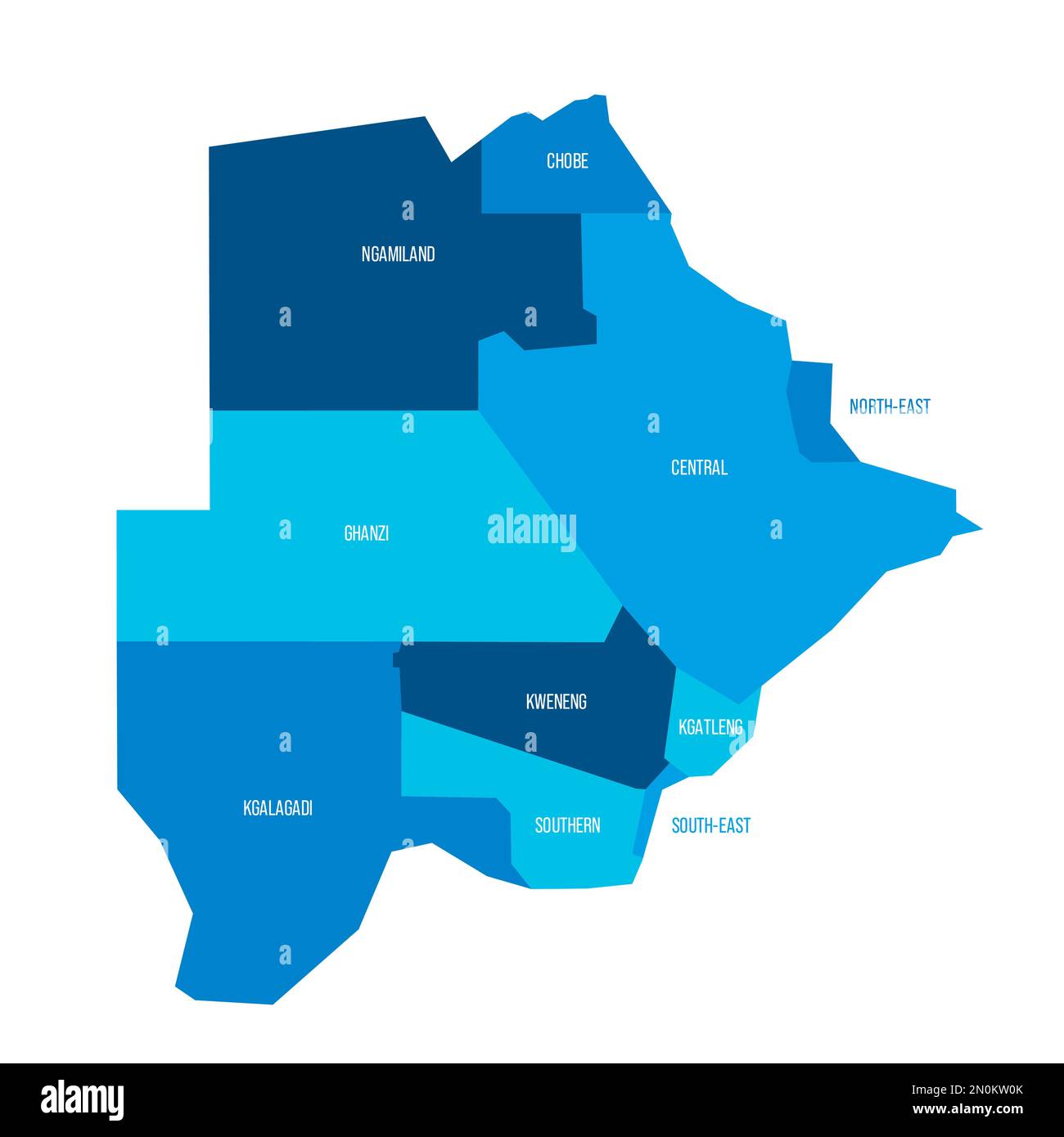 Botswana political map of administrative divisions - rural and urban districts. Flat blue vector ...