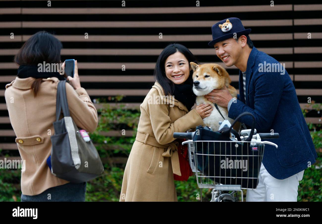 In this Wednesday, Dec. 23, 2015 photo, Shinjiro Ono, right, and Shiba Inu Maru pose with Maru's ...