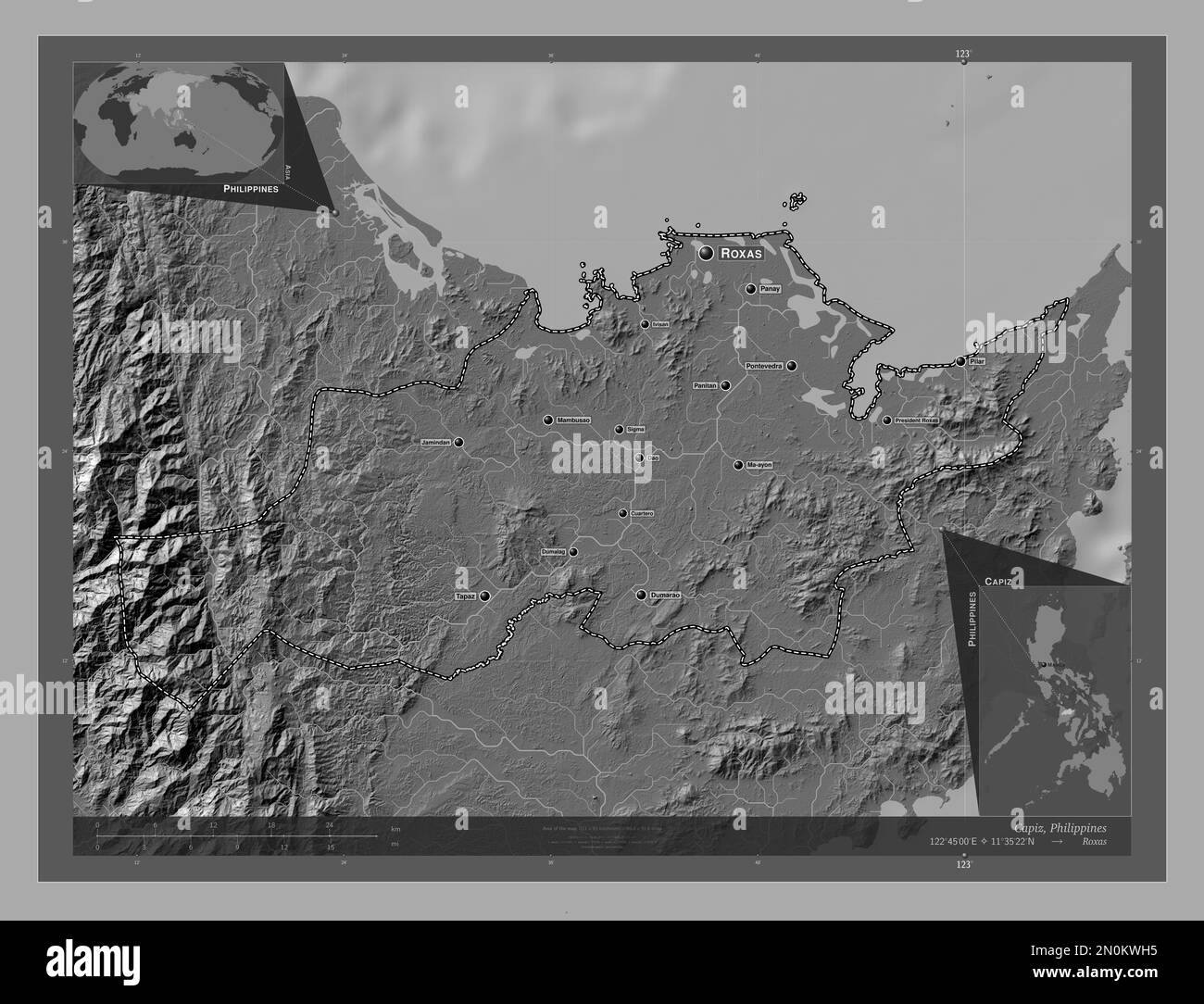 Capiz, province of Philippines. Bilevel elevation map with lakes and ...