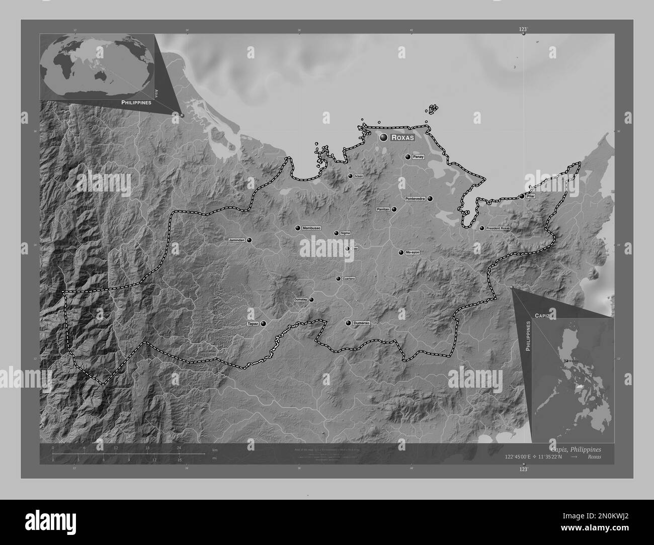 Capiz, province of Philippines. Grayscale elevation map with lakes and ...