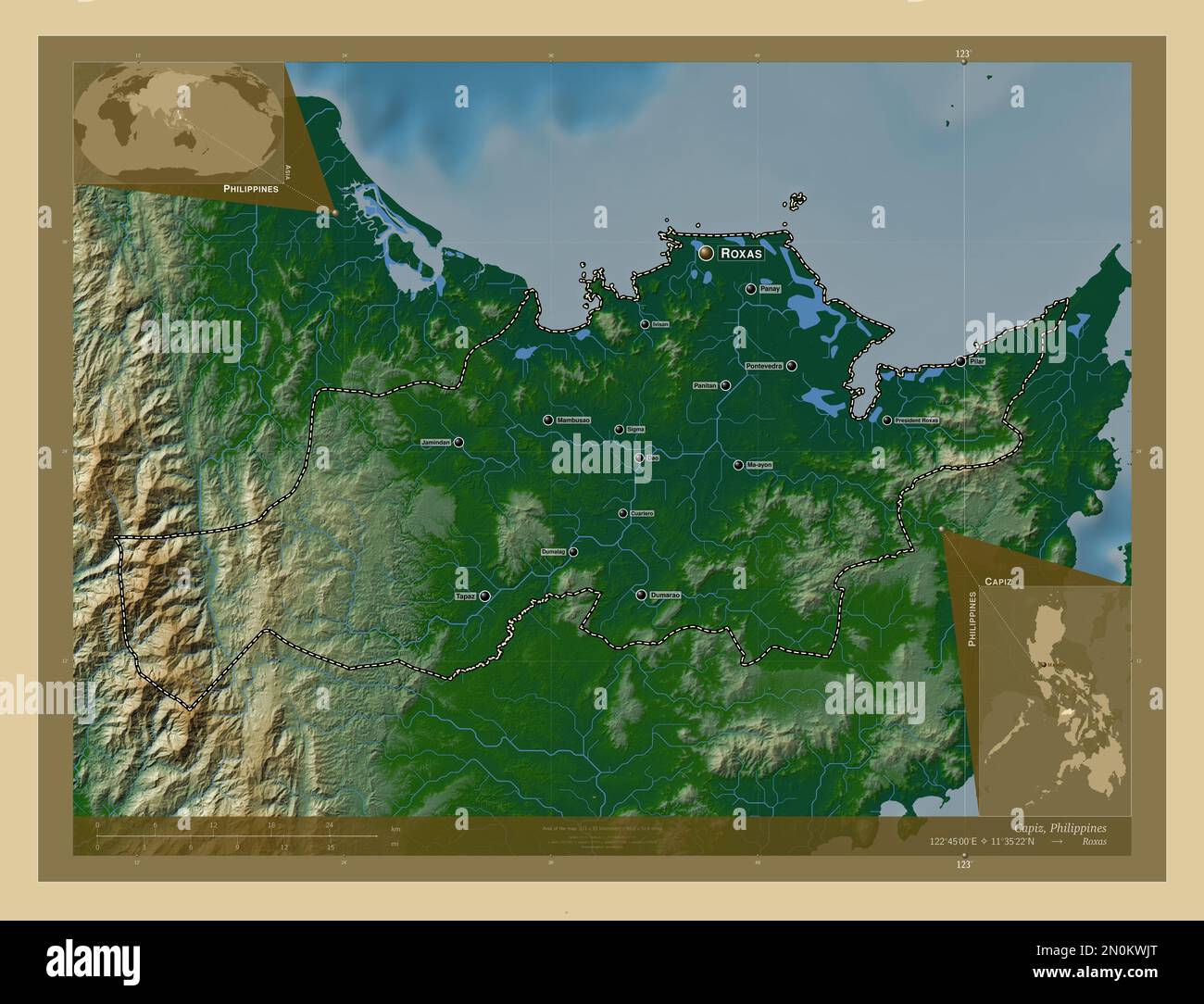 Capiz, province of Philippines. Colored elevation map with lakes and ...